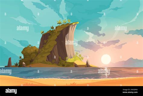 Tropical Island Cartoon Poster With Rising Sun Above Sea Vector