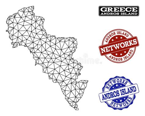 Polygonal Network Mesh Vector Map Of Greece Andros Island And Network Grunge Stamps Stock