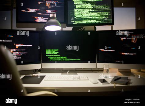 modern workplace of software developer five screens with programming