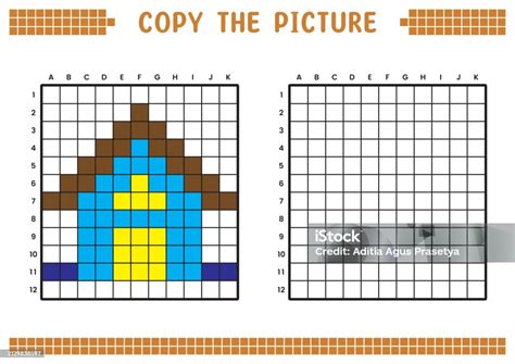 그림을 복사하고 그리드 이미지를 완성합니다 사각형으로 그리는 교육용 워크시트 셀 영역 색칠 어린이의 유치원 활동 만화 벡터 픽셀 아트 집 건물 그림입니다 개발에 대한 스톡