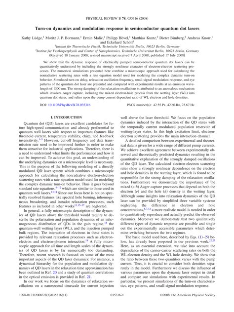 Pdf Turn On Dynamics And Modulation Response In Semiconductor Quantum Dot Lasers