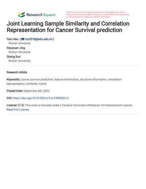 Pdf Joint Learning Sample Similarity And Correlation Representation For Cancer Survival Prediction
