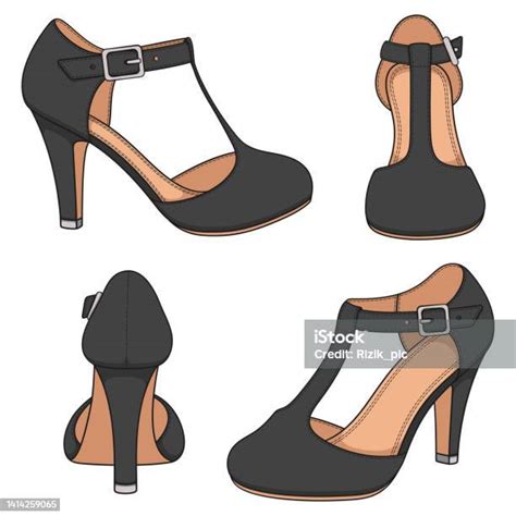 발 뒤꿈치에 걸쇠가있는 검은 색 여성 신발이있는 컬러 일러스트 세트 격리된 벡터 개체입니다 0명에 대한 스톡 벡터 아트 및 기타 이미지 Istock