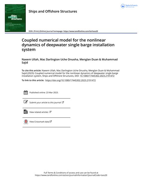 Pdf Coupled Numerical Model For The Nonlinear Dynamics Of Deepwater Single Barge Installation