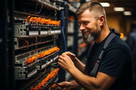 Sysadmin Engineer Working At Switchboard With Server Rack Ar C V