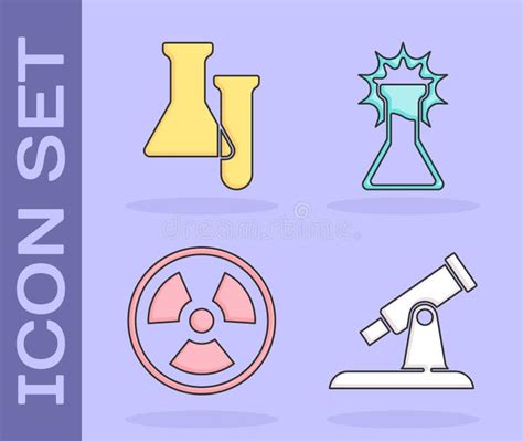 Set Telescope Test Tube And Flask Radioactive And Test Tube And Flask Icon Vector Stock