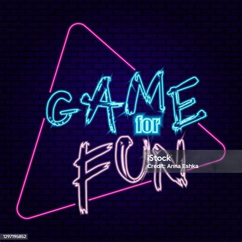 네온 사인보드 게임 장식 소셜 미디어의 벡터 일러스트레이션 분홍색과 파란색 색상 글자와 삼각형 모양축제 아이콘 벽돌 어두운 배경