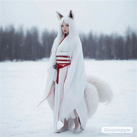 Девушка лисица кицунэ на фоне зимнего леса в 2025 г Белая лисица