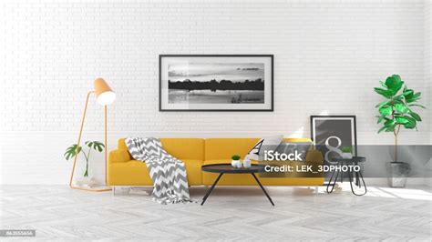 나무 바닥에 흰색 벽돌 벽 3drender 방 인테리어 컨셉 노란색 소파 생활 스 칸디 나 비아 스타일 가구에 대한 스톡 사진 및 기타 이미지 Istock