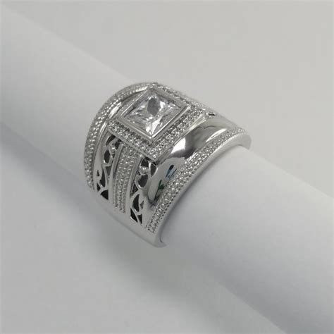 Silver Rings 6mm Square Cubic Zirconia With Pierced Detail Westjewel