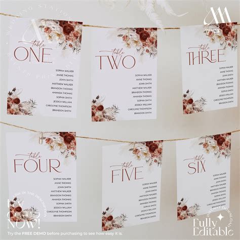 Boho Seating Chart Cards Seating Chart Template Printable Seating Charts Burgundy Wedding