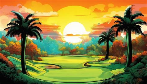 Golf Course With Green Grass And Palms At Sunset Vivid Retro Groovy
