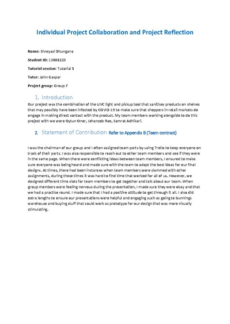 Individual Project Collaboration Statement And Project Reflection