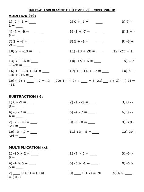 Integer Extra Worksheet Pdf Arithmetic Mathematics