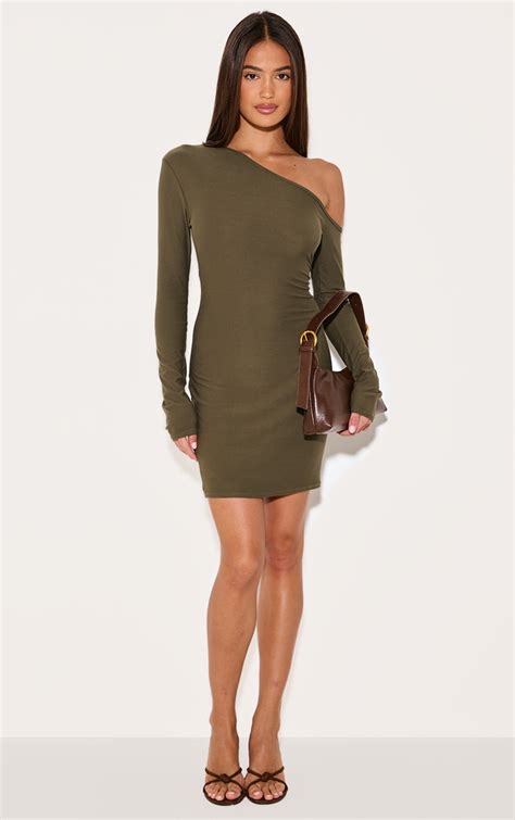 Khaki Soft Touch Asymmetric Bodycon Dress Dresses Prettylittlething