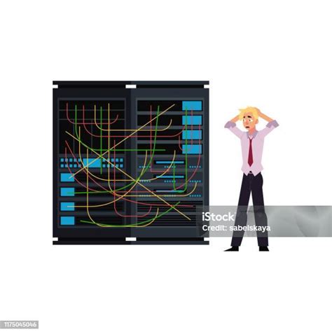 서버실 일러스트레이션 얽힌 전선과 젊은 시스템 관리자가 있는 데이터 센터 스토리지 테크놀로지에 대한 스톡 벡터 아트 및 기타