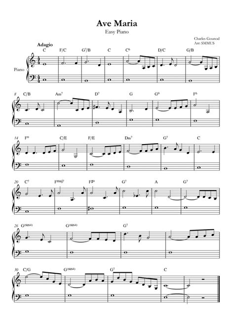 Ave Maria Bach Gounod In C Major For Easy Piano With Chords By