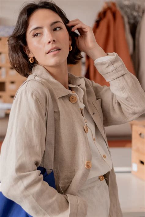 Veste De Travail Beige En Lin Femme Mijuin