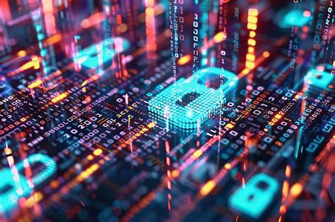 Premium Photo Neonlit Padlock With Data Lines And Binary Code In