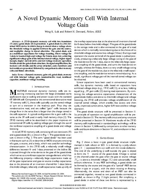 A Novel Dynamic Memory Cell With Internal Voltage Gain 884 Ieee Journal Of Solid State