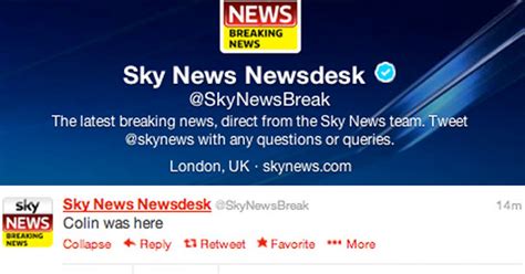 Colin Sky News Twitter Account Hacked By Rogue Tweeter Who Says He