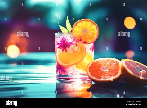 Tropical Exotic Cocktail In Beautiful Glass With Ice Background Of