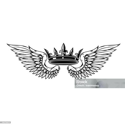 모노크롬 스타일의 킹 크라운과 날개의 일러스트 엠블럼 사인 포스터 티셔츠디자인 요소 벡터 일러스트레이션 문장에 대한 스톡 벡터