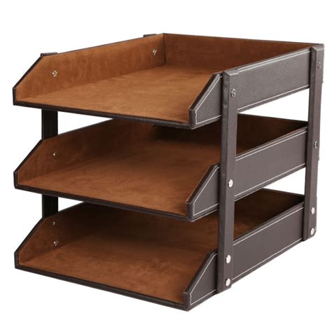 Leather Three Layer File Rack Data Storage Rack Desktop Stationery
