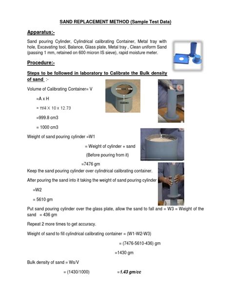 Apparatus Sand Replacement Method Sample Test Data Pdf