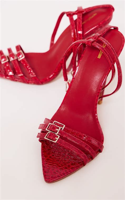Cherry Red Pu Croc Buckle Detail Heeled Sandals Footwear