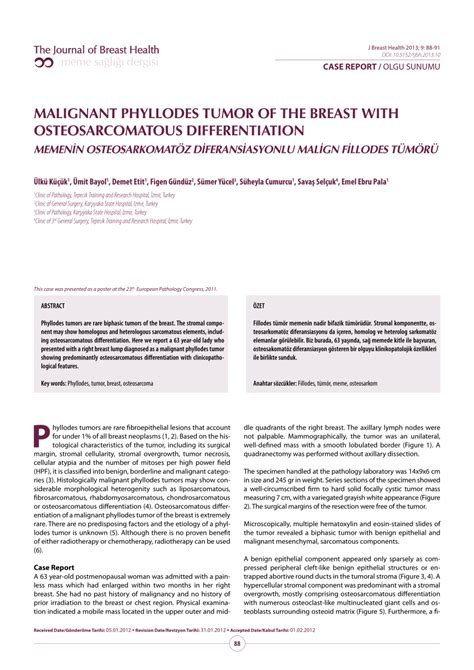 Pdf Malignant Phyllodes Tumor Of The Breast With Osteosarcomatous
