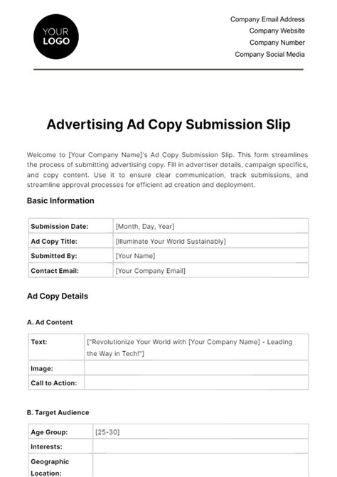 Free Advertising Ad Copy Submission Slip Template To Edit Online