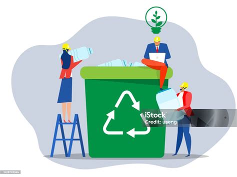사람들은 재활용을 위해 폐기물을 분류합니다 플라스틱 병을 넣고 특별한 쓰레기통 생태학 개념에 던지십시오 Microplastic에 대한 스톡 벡터 아트 및 기타 이미지