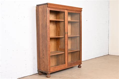 Antique Stickley Style Arts And Crafts Oak Glass Front Double Bookcase