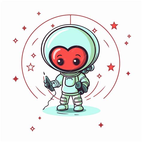 スペーススーツを着た可愛い漫画の宇宙飛行士が望遠鏡を握っているベクトルイラスト プレミアムベクター