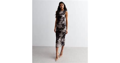 Dark Grey Tie Dye Ruched Midaxi Dress New Look