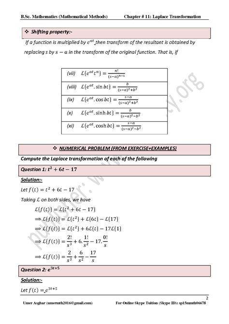 solution bsc mathematics laplace transformation notes with definitions