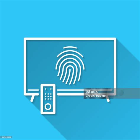 지문이 있는 Tv 파란색 배경에 아이콘 긴 그림자가 있는 평면 디자인 3차원 형태에 대한 스톡 벡터 아트 및 기타 이미지 3