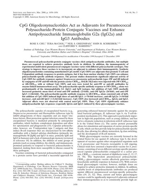 Pdf Cpg Oligodeoxynucleotides Act As Adjuvants For Pneumococcal