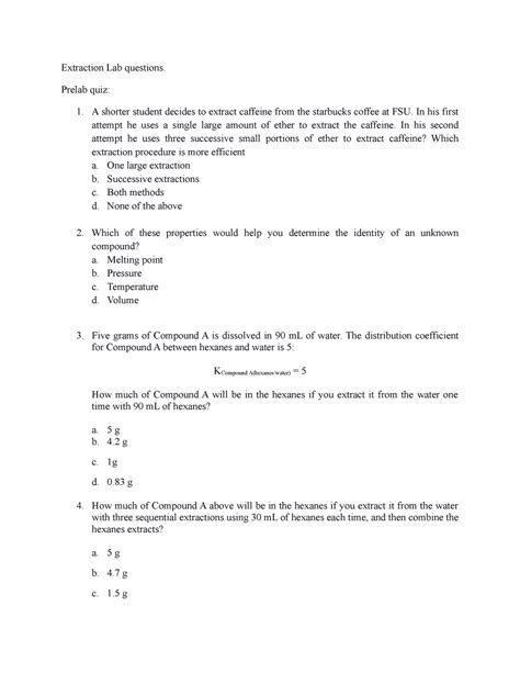 Prelab And Postlab Questions For Lab Extraction Lab Questions Prelab Quiz A Shorter