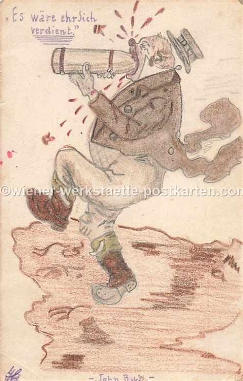 Ak Handgemalt Krieg Karikatur John Bull nimmt Granate in den Mund Wiener Werkstätte