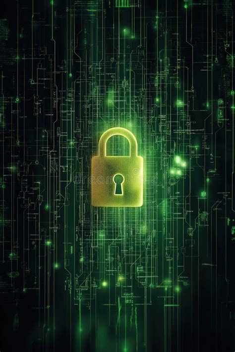 digital lock symbolizing cybersecurity with green data streams in the