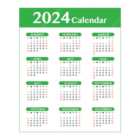 Calendario 2024 Calendario De Año Nuevo Verde Vector Png Dibujos 2024