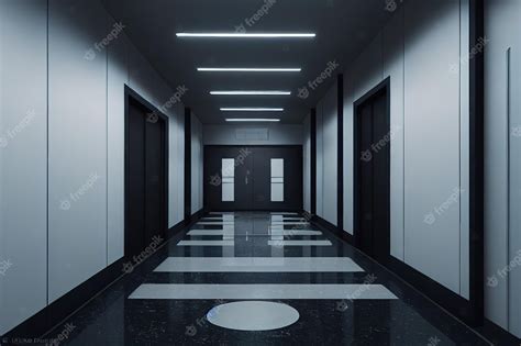 약간 열려 있고 열린 엘리베이터 게이트와 회색 벽 3d 그림이 있는 엘리베이터 문 복도 프리미엄 사진