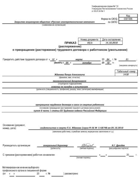 Образец приказа о прекращении трудового договора с работником