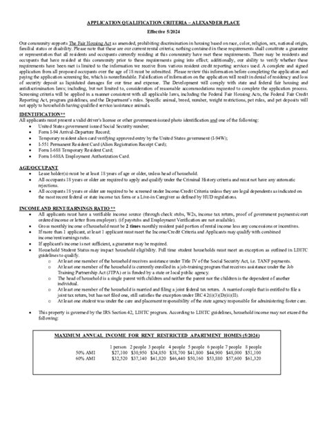 Fillable Online Application Qualification Criteriaalexander Place Fax
