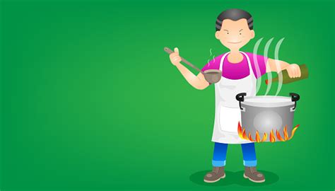 상인 요리 음식의 집합입니다 한 남자가 서서 큰 숟가락을 들고 왼손과 오른쪽에 삶은 냄비에 향료 병을 붓고 있습니다 캐릭터 디자인 벡터 일러스트레이션 Eps10 끓는 물에