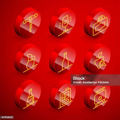 세트 라인 와인 코르크 마개 유리 와인 골판지 상자 디캔터 병 포도 및 아이콘 벡터 0명에 대한 스톡 벡터 아트 및 기타 이미지 Istock