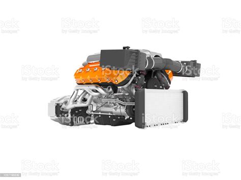 에어 필터 수집기와 기어박스 라디에이터 3d 렌더링이 흰색 배경에 그림자없이 조립 8 실린더 빨간색 자동차 엔진 가솔린에 대한 스톡 사진 및 기타 이미지 Istock