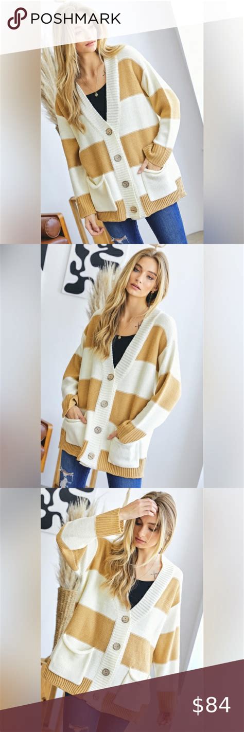 Davi Dani Striped Button Up Drop Shoulder Pocket Cardigan Mustard